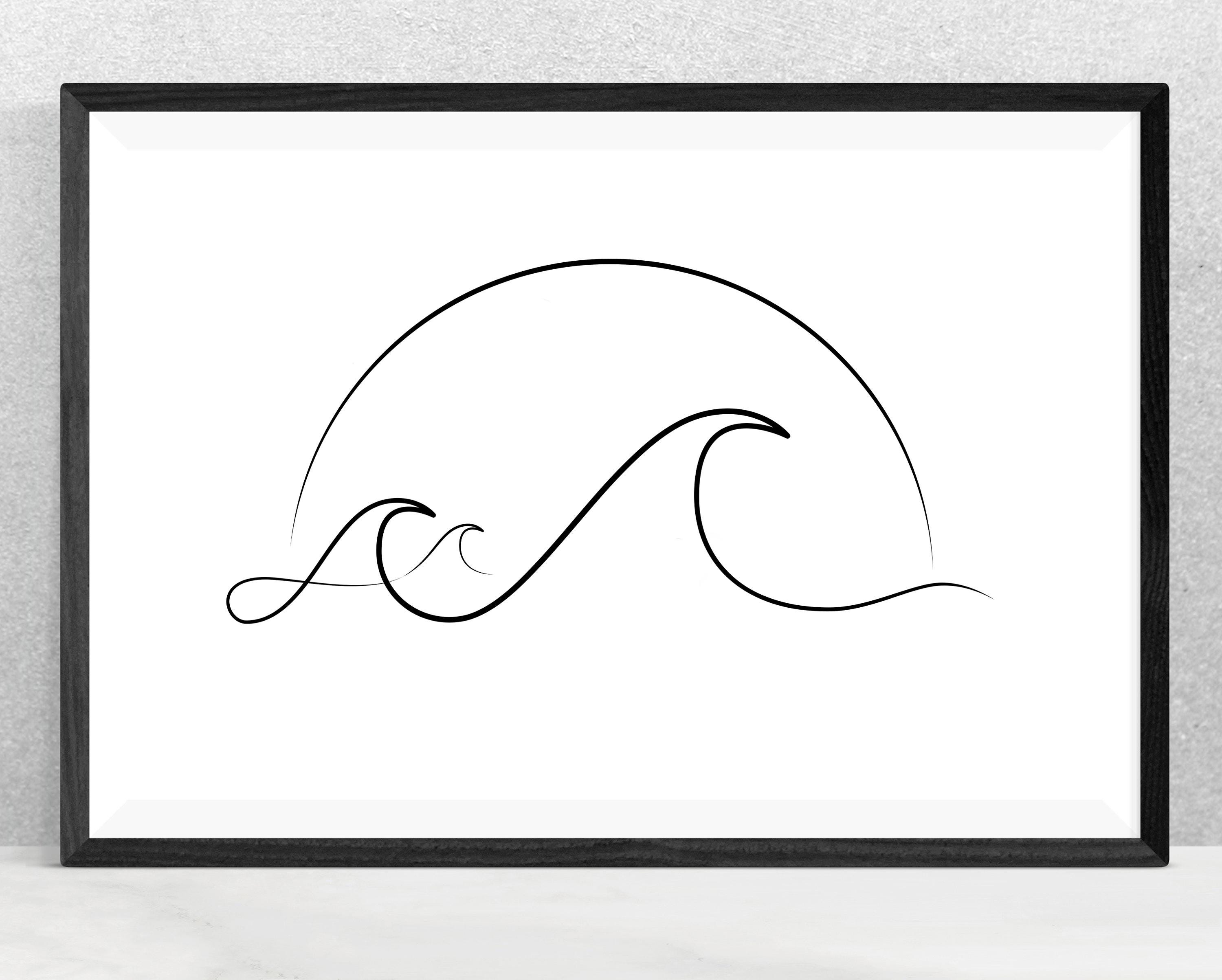 Printable One Line Drawing of Waves and Sun. One Line Art of Ocean ...