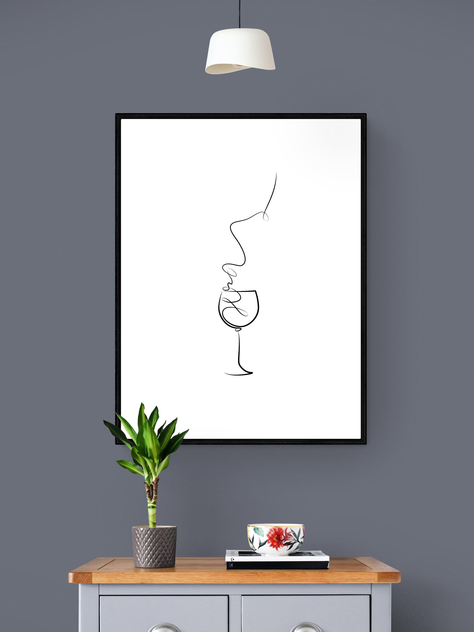 Minimalist Wine Glass Line Art Digital Print - Modern, Elegant Single ...