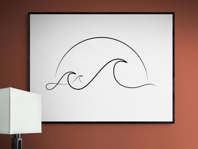 Printable One Line Drawing of Waves and Sun. One Line Art of Ocean ...