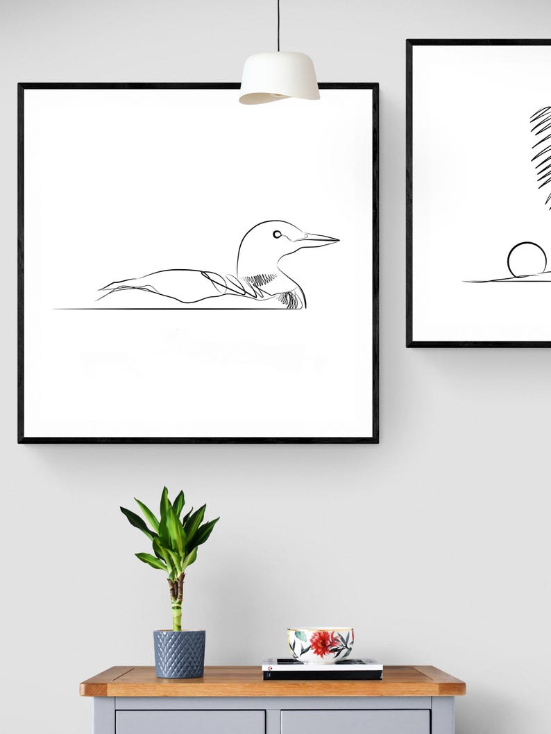 Minimalist Common Loon Wall Art - One Line Bird Drawing Printable Decor ...