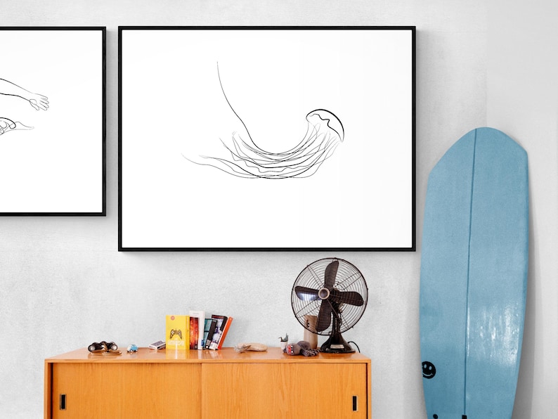 Printable Jellyfish Wall Art: Minimalist Single Line Sea Life Drawing ...