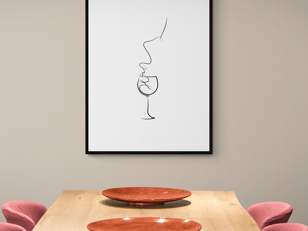 Minimalist Wine Glass Line Art Digital Print - Modern, Elegant Single ...