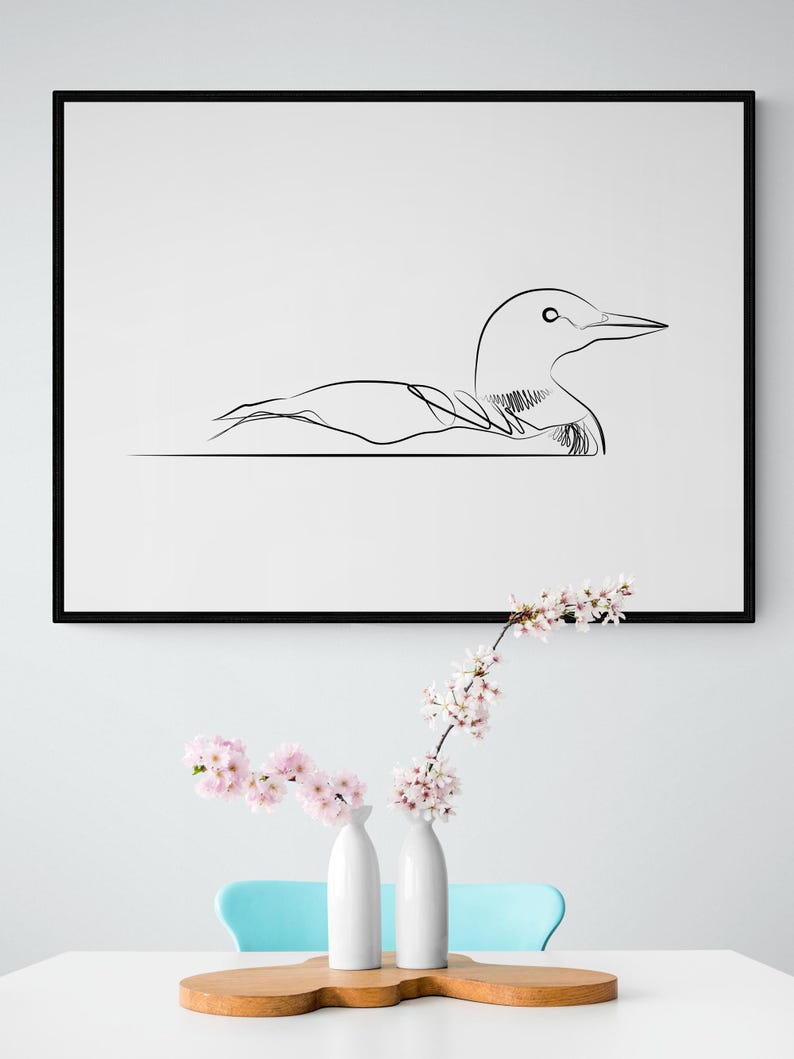 Minimalist Common Loon Wall Art - One Line Bird Drawing Printable Decor ...