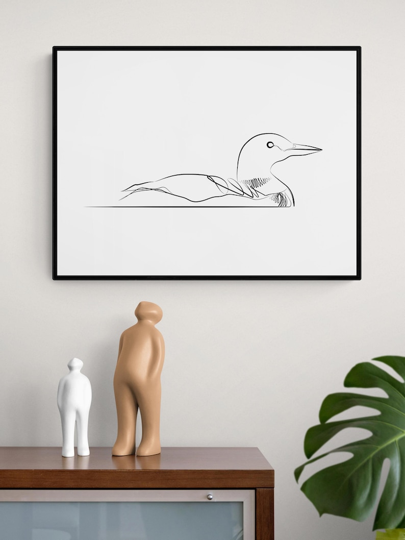 Minimalist Common Loon Wall Art - One Line Bird Drawing Printable Decor ...