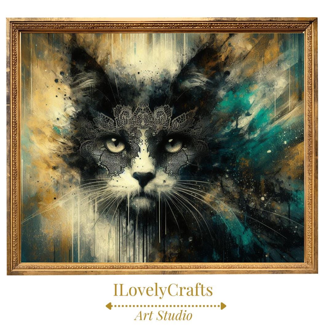 Abstract Cat Wall Art Portrait Printable Download Vintage Rustic Cat ...