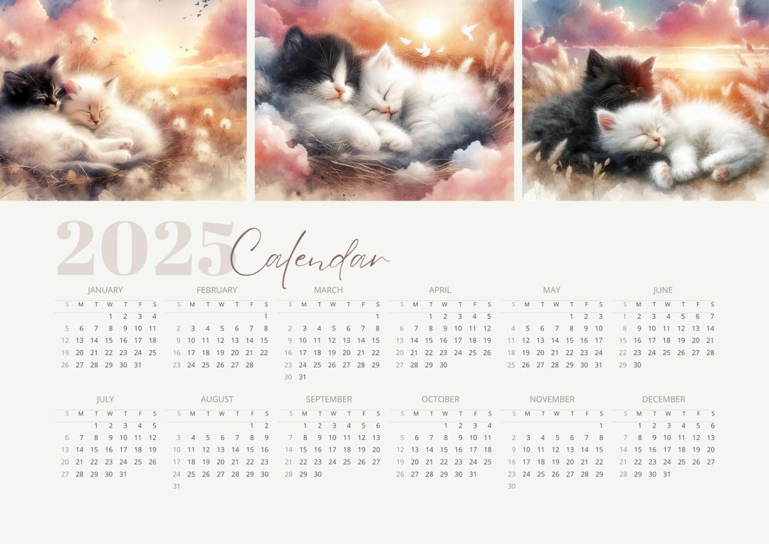 2025 Printable Cat Calendar Adorable Sleeping Kittens Landscape Wall ...