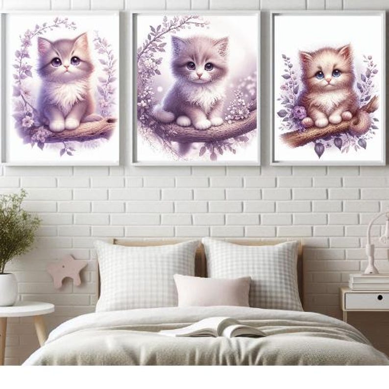 2025 Custom Printable Kitten Wall Art Collection Cute Floral Kittens ...