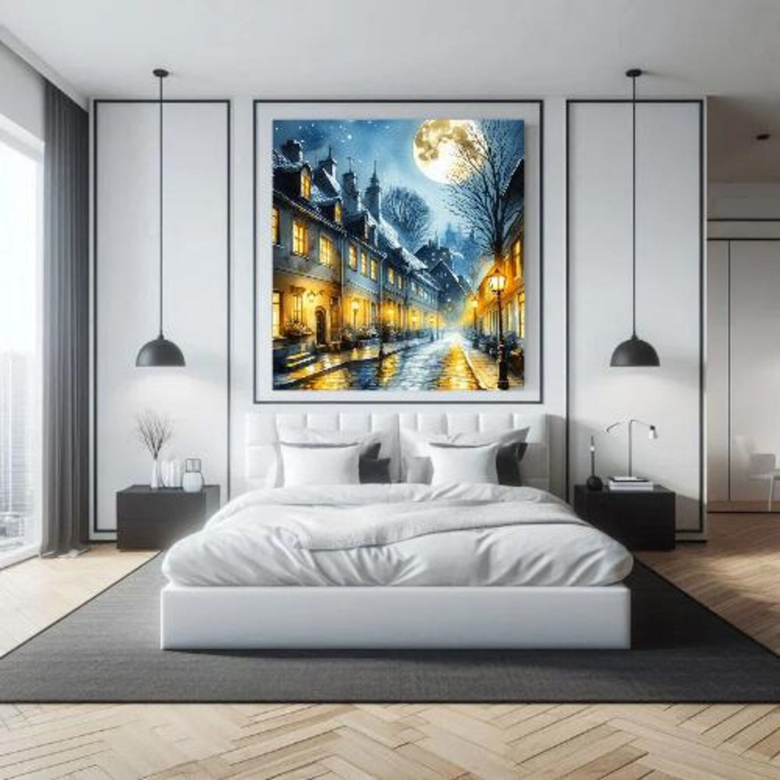 2025 New Moonlit Street Printable Cozy Nighttime Wall Art Old Town at ...
