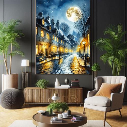 2025 New Moonlit Street Printable Cozy Nighttime Wall Art Old Town at ...