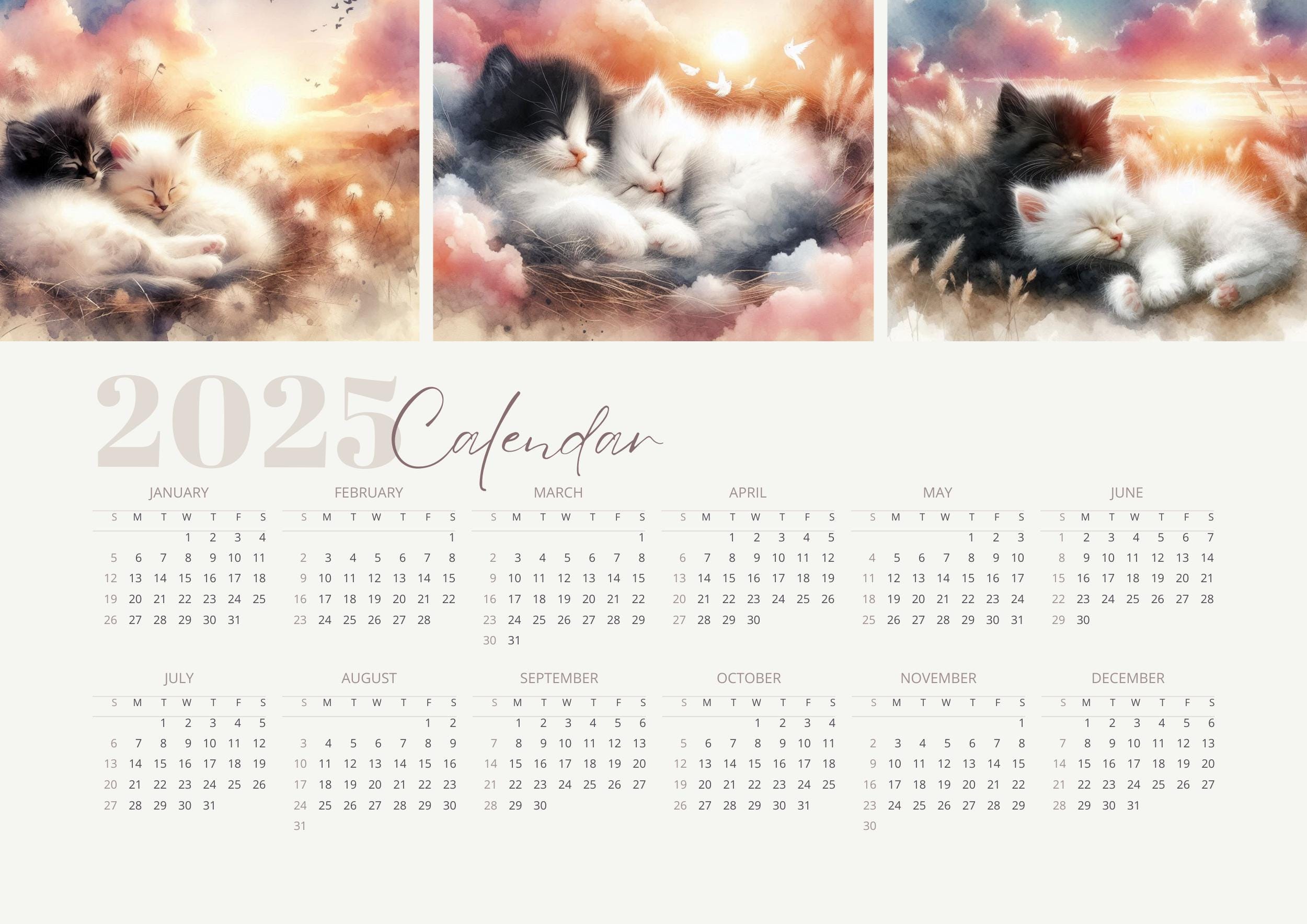 2025 Printable Cat Calendar Adorable Sleeping Kittens Landscape Wall ...