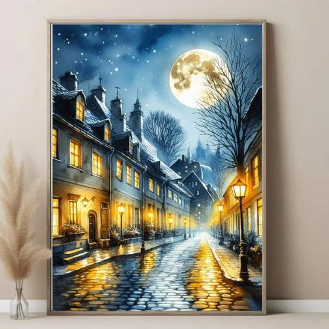 2025 New Moonlit Street Printable Cozy Nighttime Wall Art Old Town at ...
