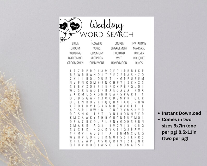 Wedding Word Search Puzzle, Wedding Word Puzzle, Bridal Shower Game ...