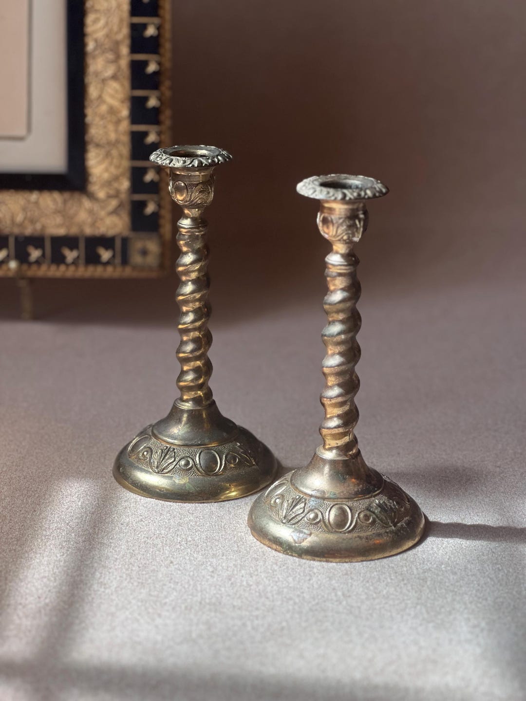 Pair of Vintage Brass Bell Metal Candlesticks With Spiral Twist Stems ...