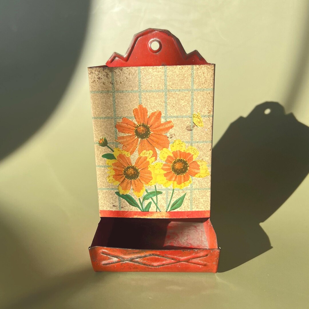 Vintage Red Metal Wall Hanging Match Holder With Flower Design - Etsy