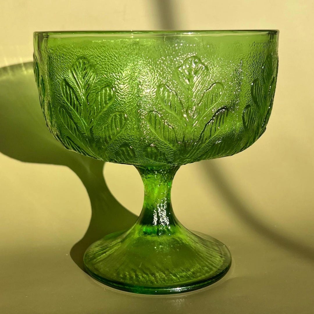 Green Footed Glass Compote With Oak Leaf Design and Textured Surface by ...