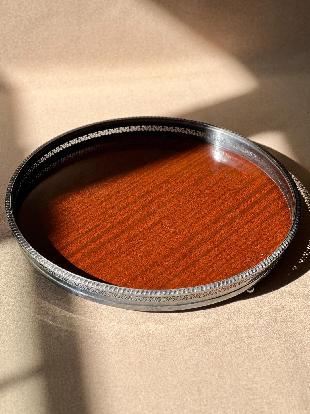 Vintage Silver Plate Formica Round Serving Tray - Faux Wood Look - Etsy