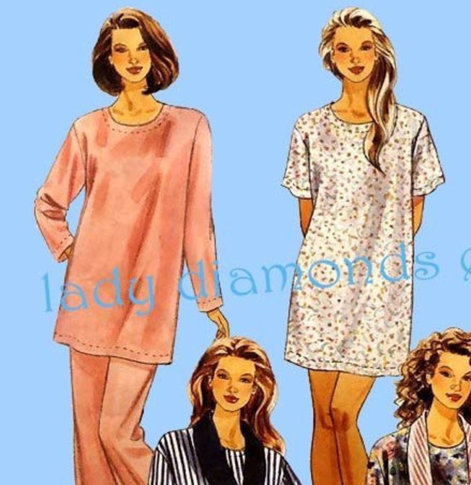 1990's Robe Bathrobe Pullover Tunic Top Pants Shorts Nightshirt Pajamas ...
