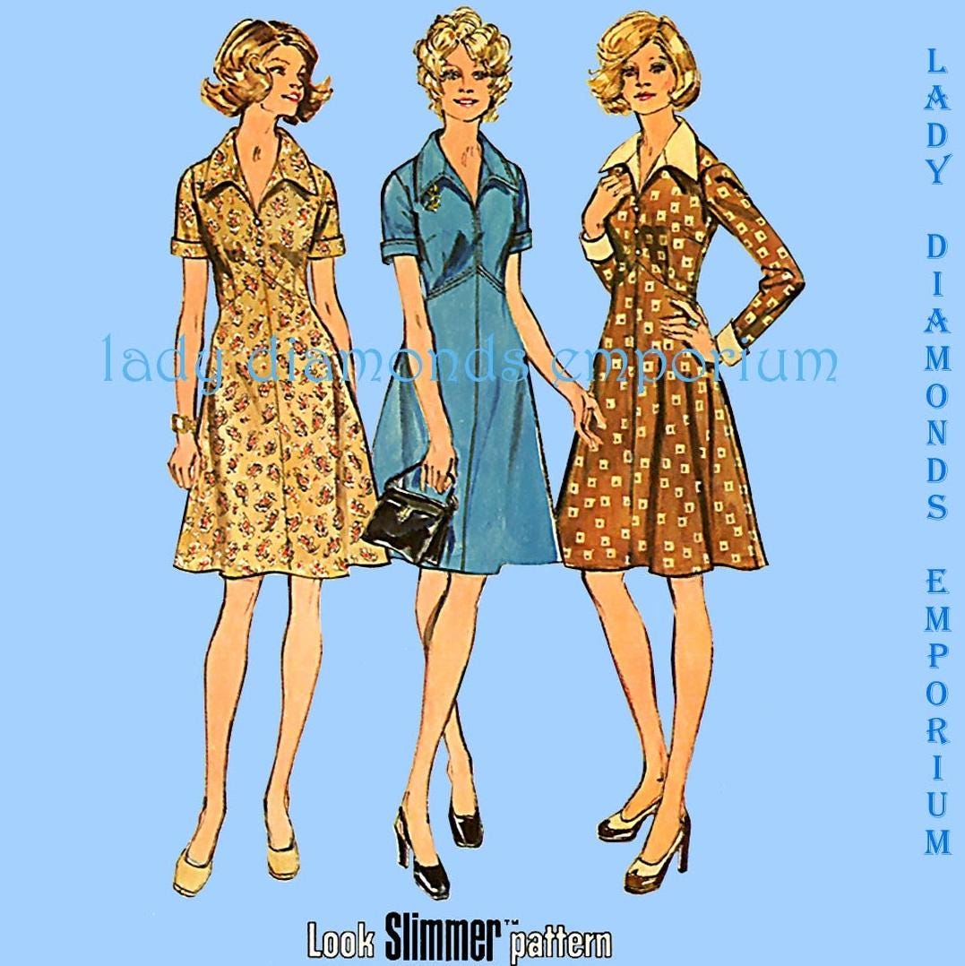 1970’s Look Slimmer Dress Fitted & Flared Shaped Raised Waist Bodice ...