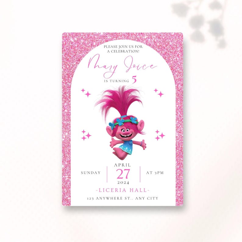 Editable Trolls Birthday Invitation Template, Digital Trolls Invite ...