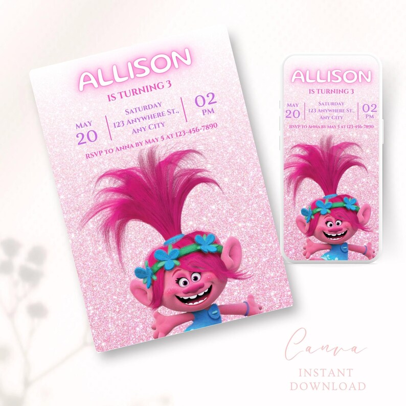 Editable Trolls Birthday Invitation Template, Digital Trolls Invite ...