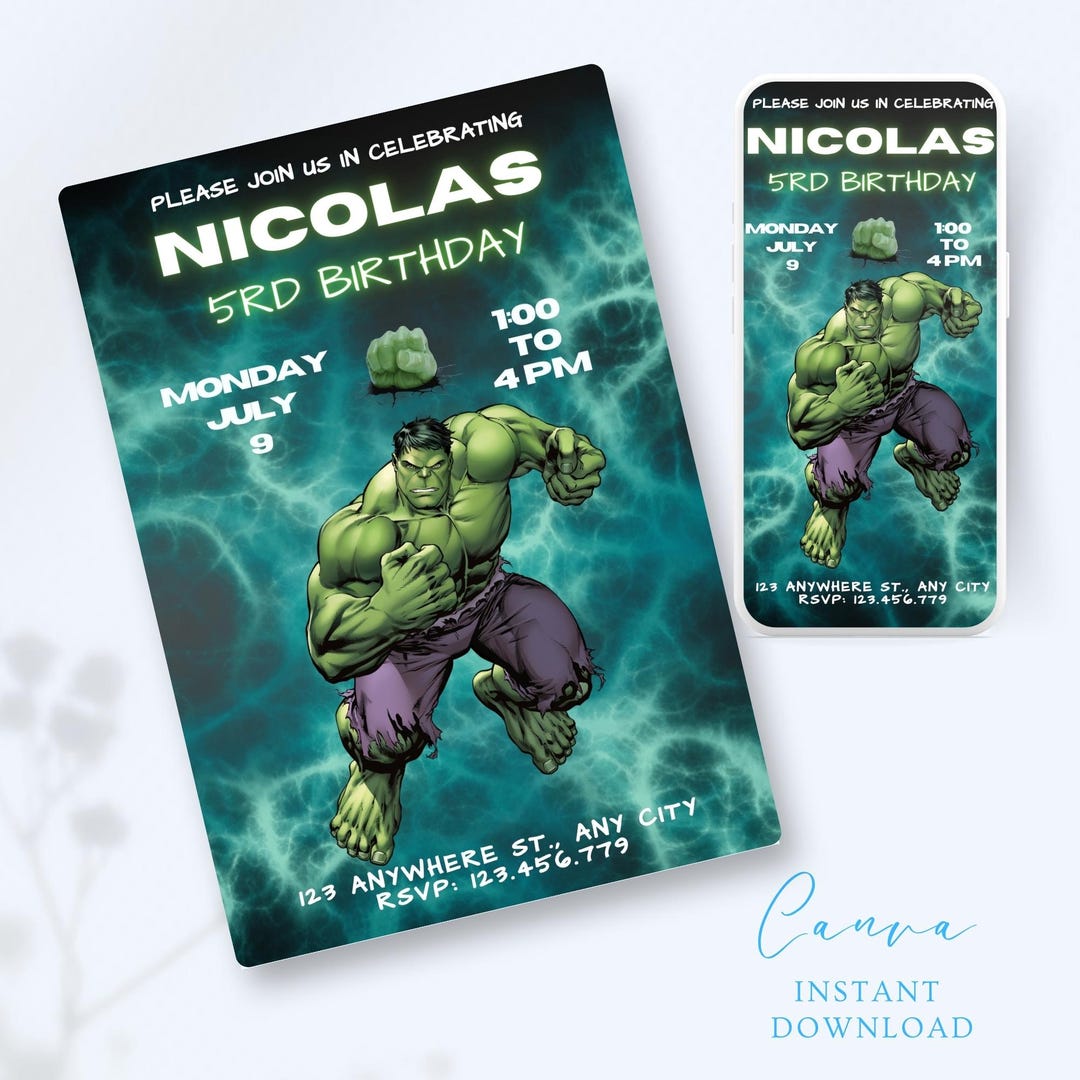 Editable Hulk Birthday Invitation Template, Hulk Birthday Invitation ...