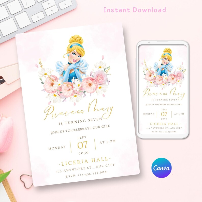 Princess Cinderella Birthday Invitation, Princess Cinderella Portrait ...