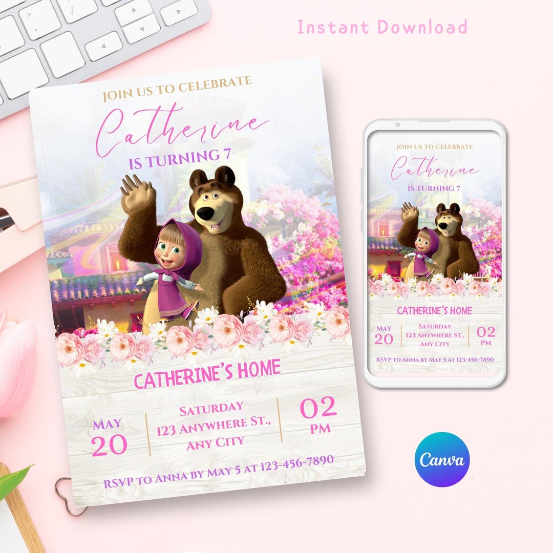Editable Masha and the Bear Birthday Invitation Template, Digital Masha ...