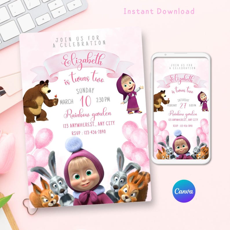 Editable Masha and the Bear Birthday Invitation Template, Digital Masha ...