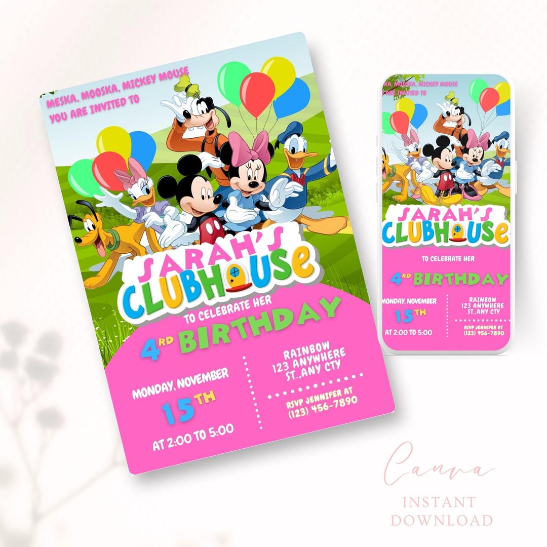 Mickey Mouse Clubhouse Birthday Invitation Template, Editable Clubhouse ...