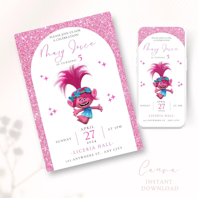 Editable Trolls Birthday Invitation Template, Digital Trolls Invite ...