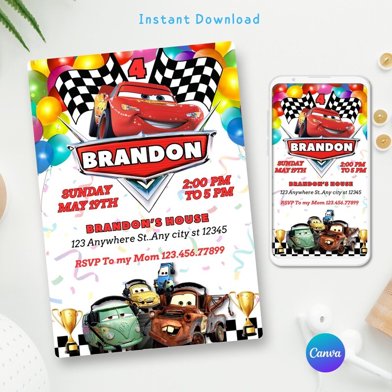 Editable Cars Birthday Invitation Template, Cars Birthday Invitation ...