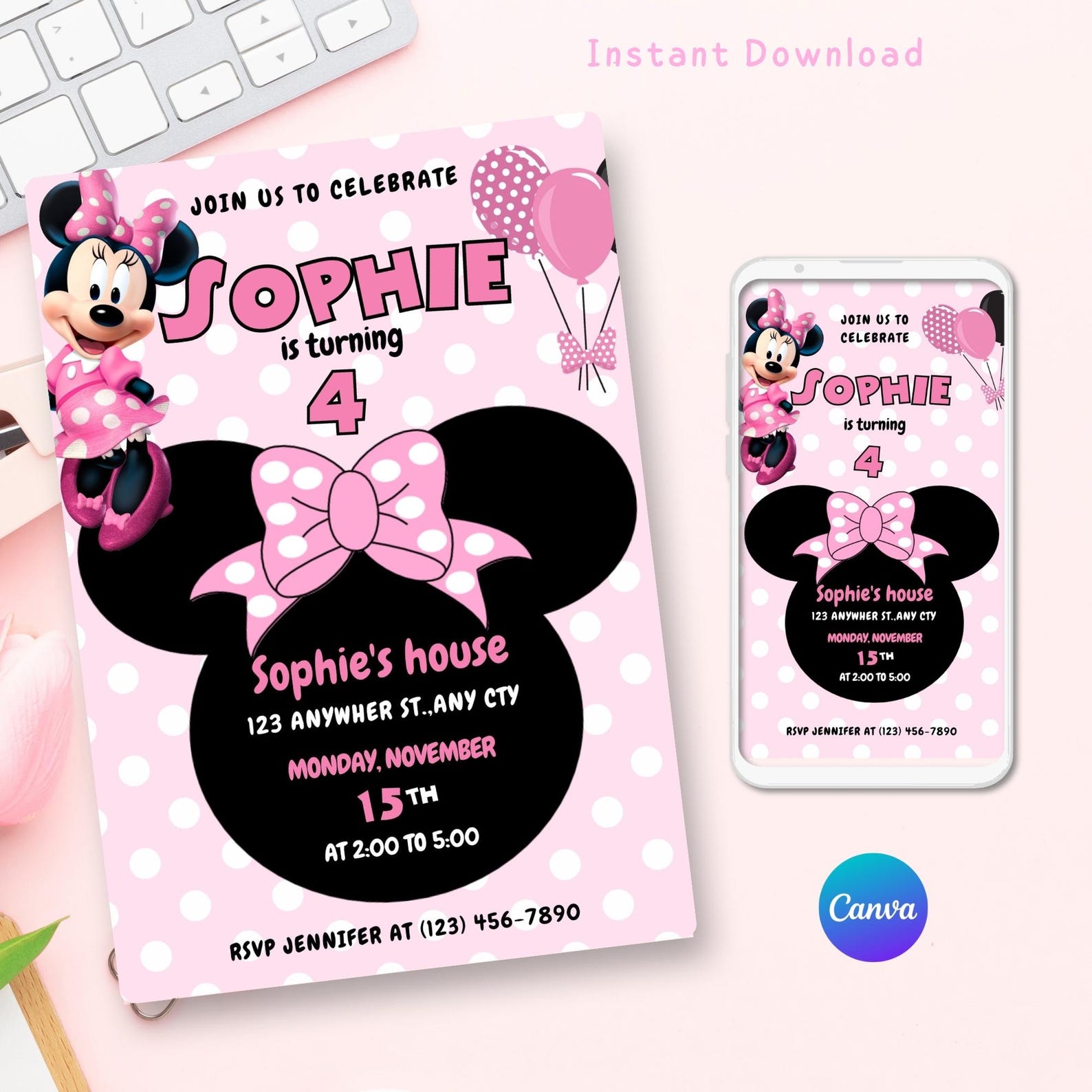 Minnie Mouse Birthday Invitation, Minnie Mouse Birthday Invite Template ...