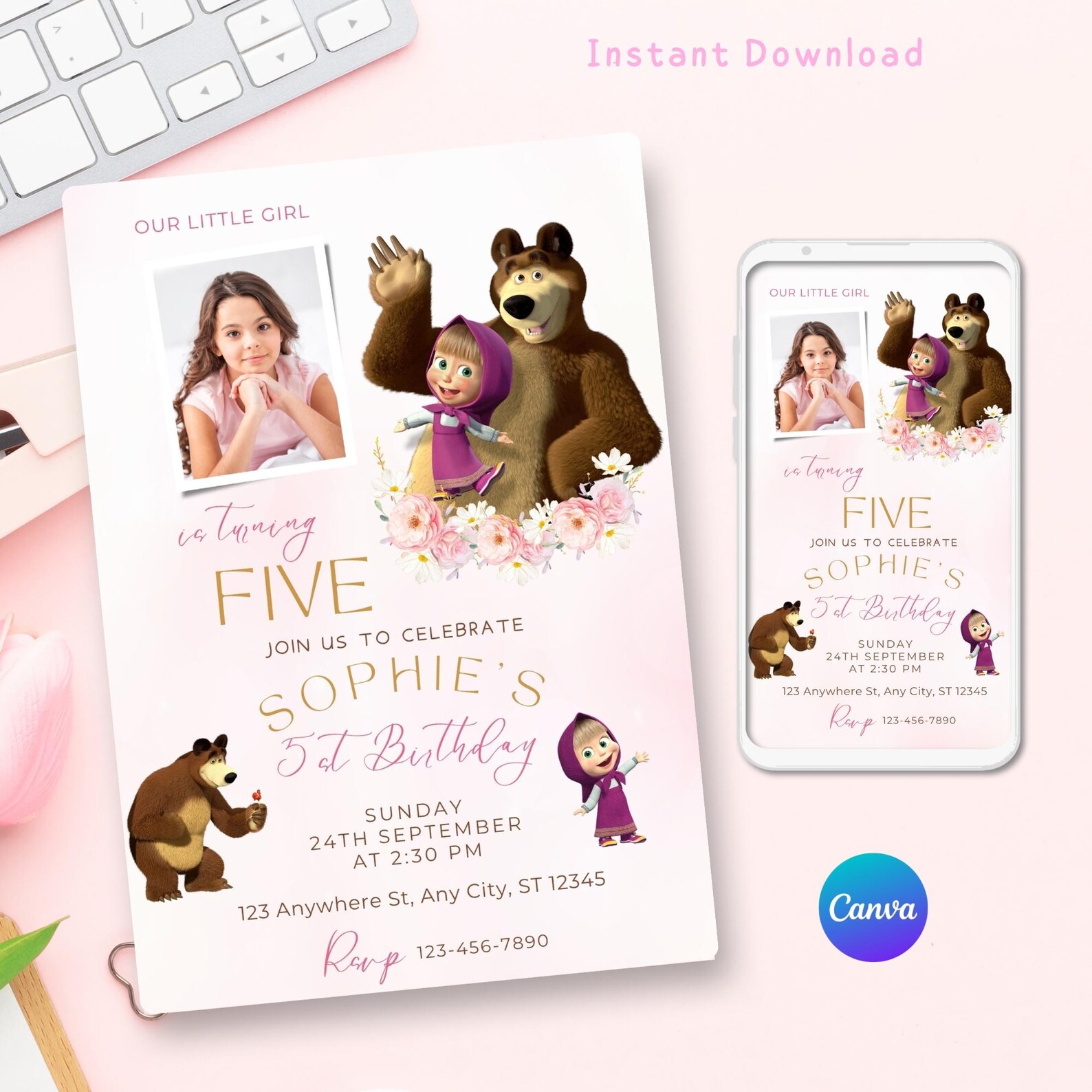 Editable Masha and the Bear Birthday Invitation Template, Digital Masha ...