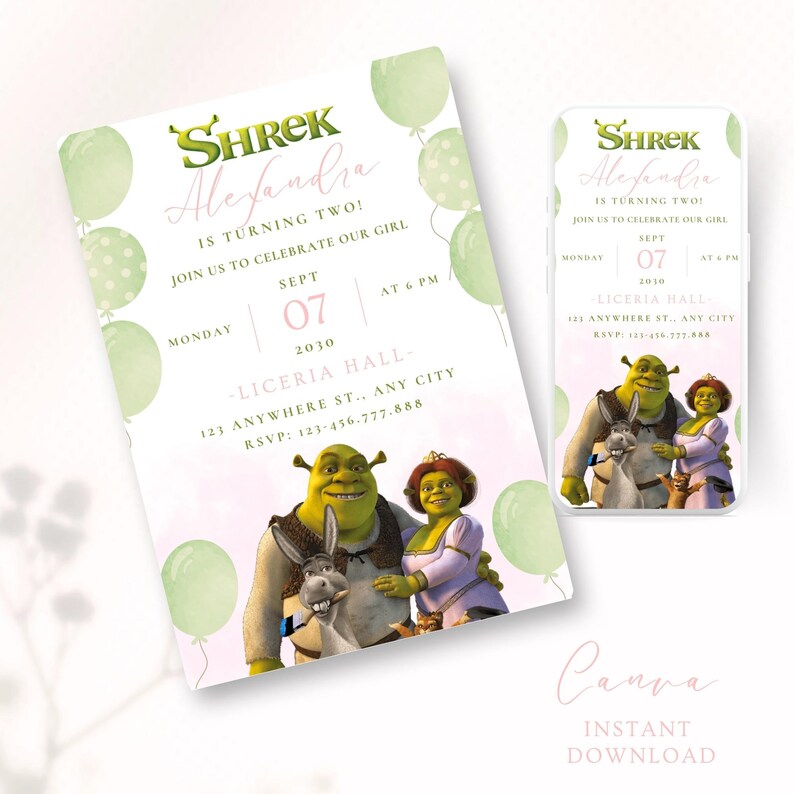 Editable Shrek Birthday Invitation Template, Digital Shrek Invite ...