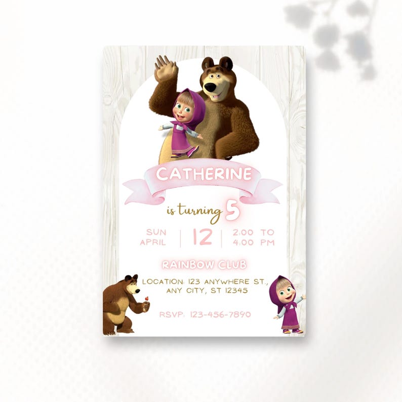 Editable Masha and the Bear Birthday Invitation Template, Digital Masha ...