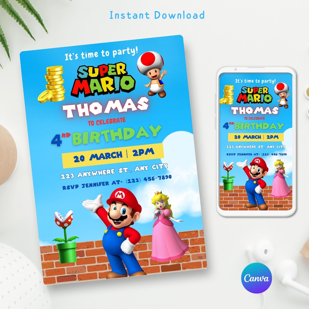 Editable Super Mario Birthday Invitation, Super Mario Birthday Template ...