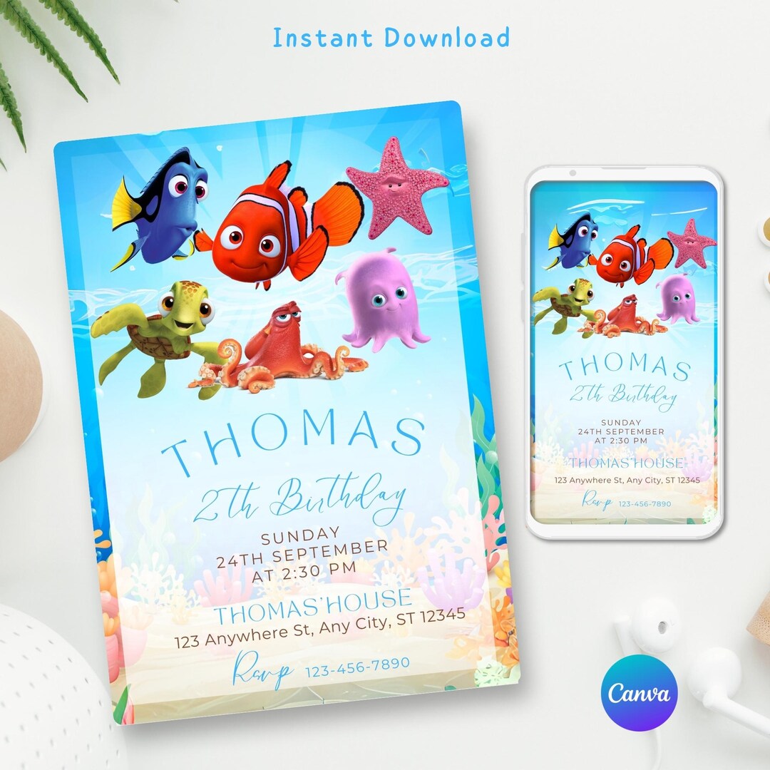 Nemo Birthday Invitation, Nemo Digital Invitation, Nemo Printable ...