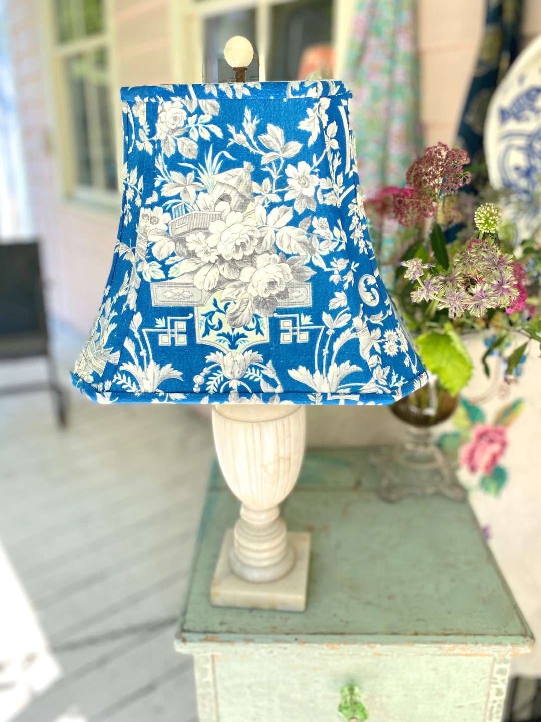 Antique Blue French Fabric Lampshade, Cut Corner Rectangle Bell Lamp ...