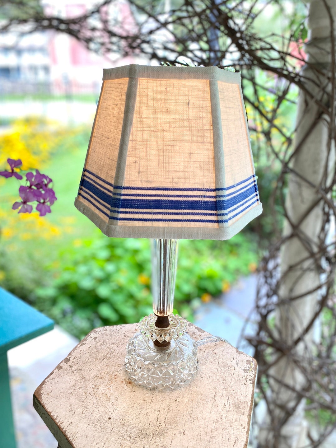 Linen Blue Stripe Lampshade, Vintage Fabric Lamp Shade, 6 High Hex Clip ...