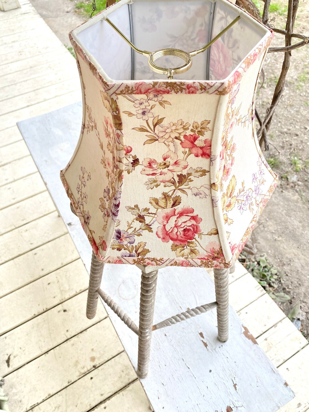 Pretty French Antique Fabric Bridge Lampshade, Floral Hex Bell Threaded ...
