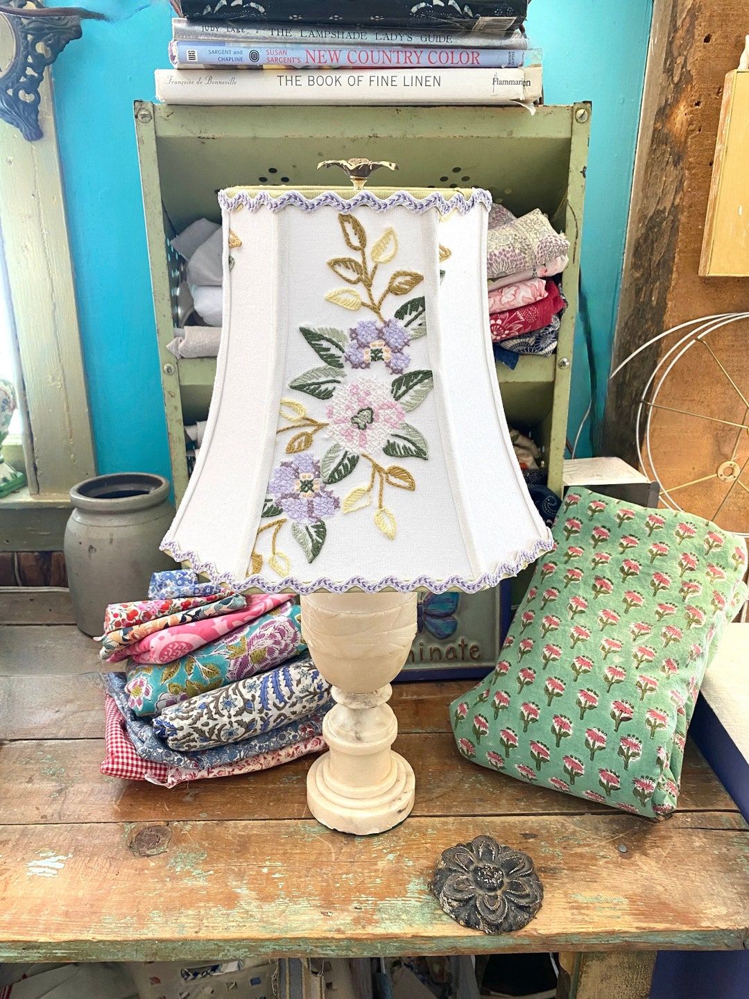 Vintage Cross Stitch Square Bell Lampshade Cut Corner Square Bell Sweet as a Button 10 Bottom X ...