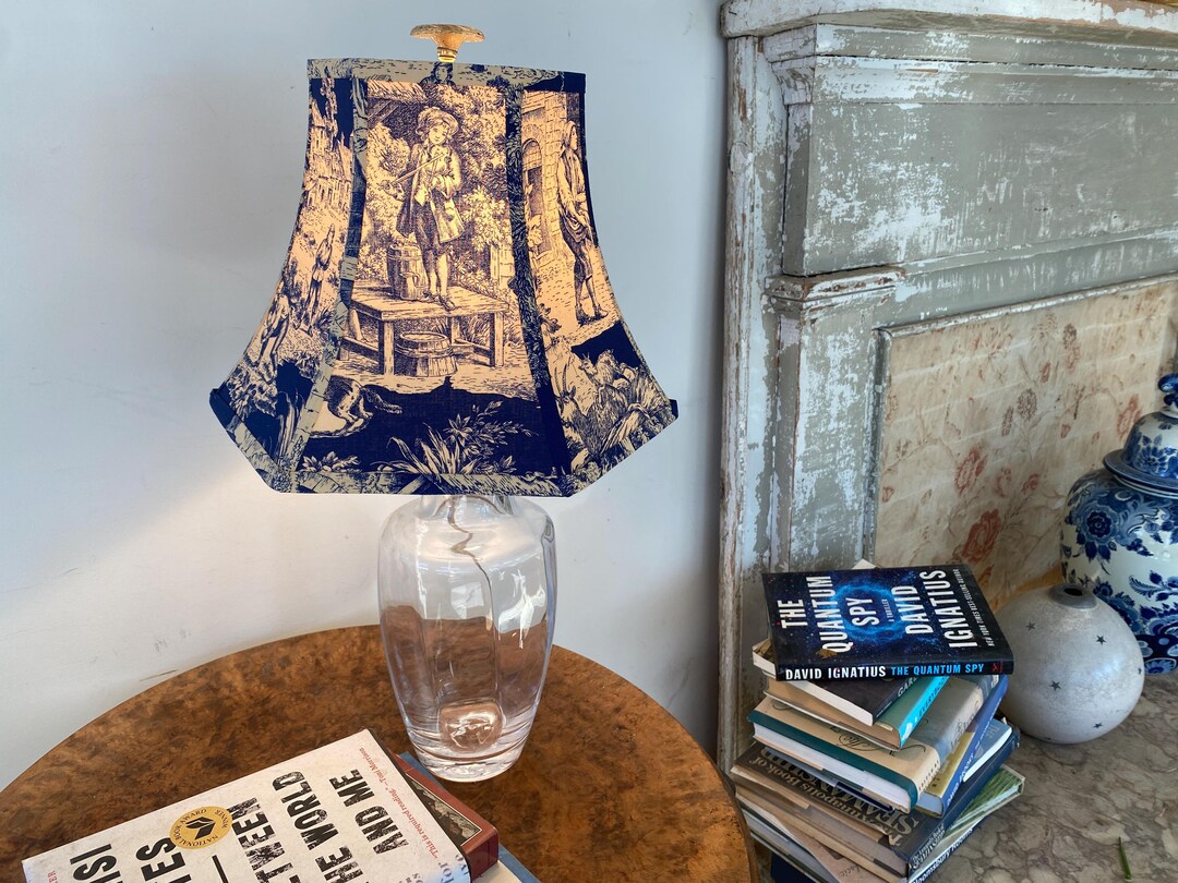 Navy Toile Lampshade With Vintage French Toile Fabric, 9" High Hex Bell ...