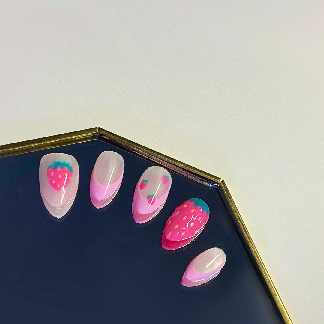 3D Strawberry Press on Nails Made to Order Gel-x Extensions With Glue ...