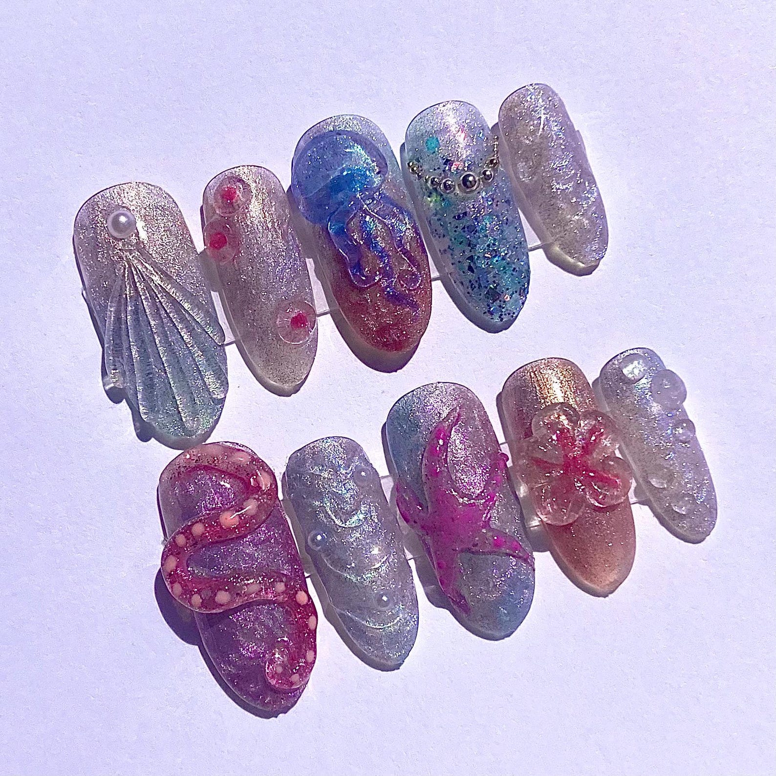 3D Mermaid Ocean Press on Nails Made to Order Gel-x Extensions With Glue Custom Reusable ...