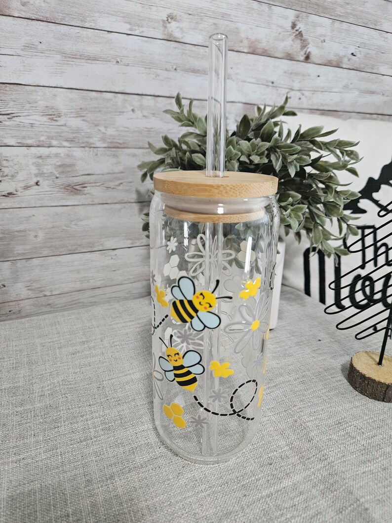 Bee Glass Can Coffee Cup With Lid and Straw, Summer Coffee Mug, Bumblebee Iced Coffee Cup, 20 Oz ...