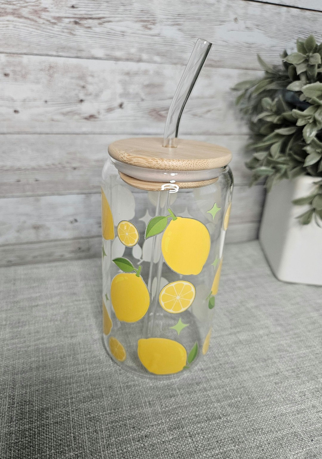 Lemon Glass Can Coffee Cup With Lid and Straw, Lemon Coffee Mug, Summer ...