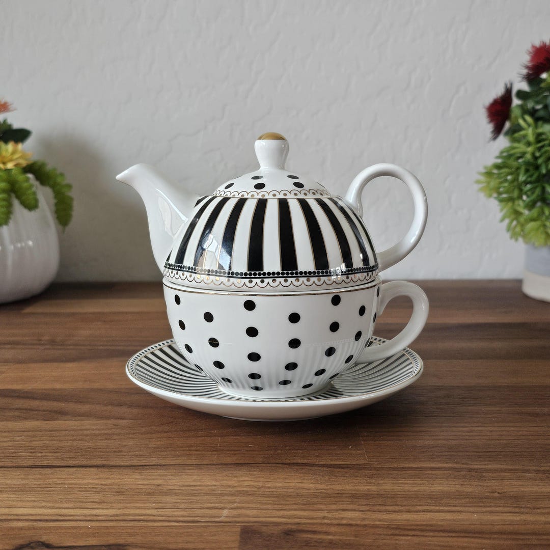 Black and White Striped Tea for One, Black and White Teacup With Gold ...