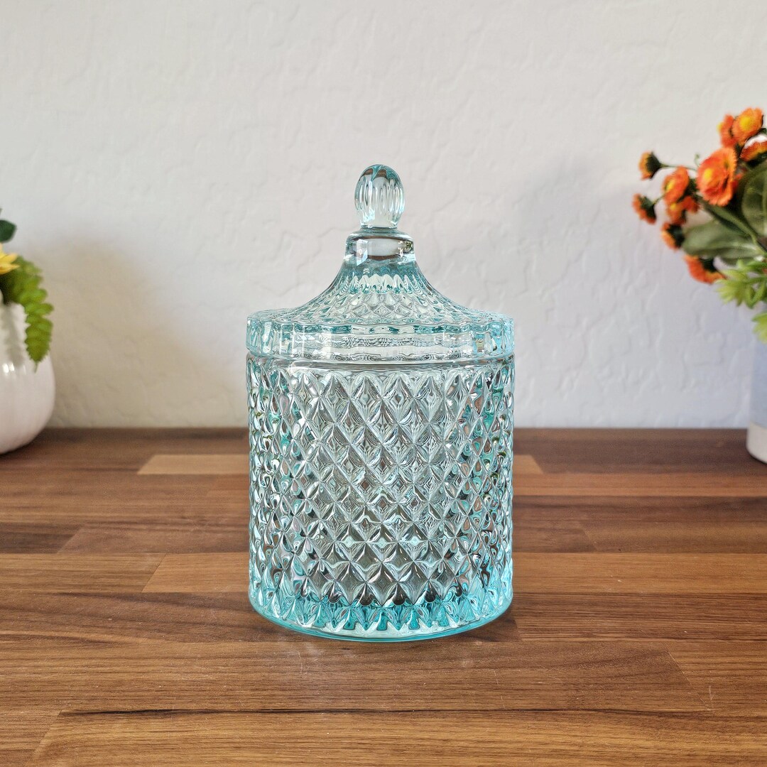 Aqua Glass Trinket Jar, Vintage Style, Fenton Style Pressed Glass ...