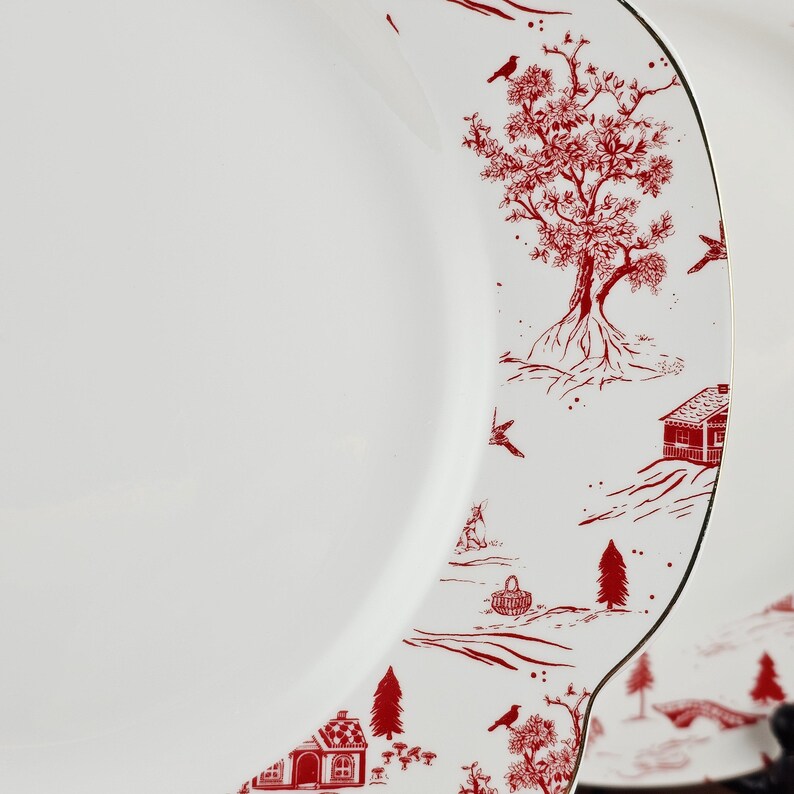Red Village Toile Dinner Plates Set of 4 – 11.5", Vintage-style Red ...