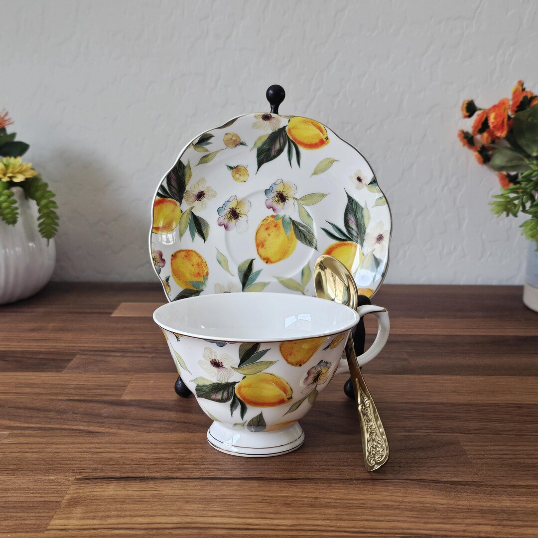 Lemons Teacup and Saucer Set With Spoon, Spring Garden, Cottagecore ...